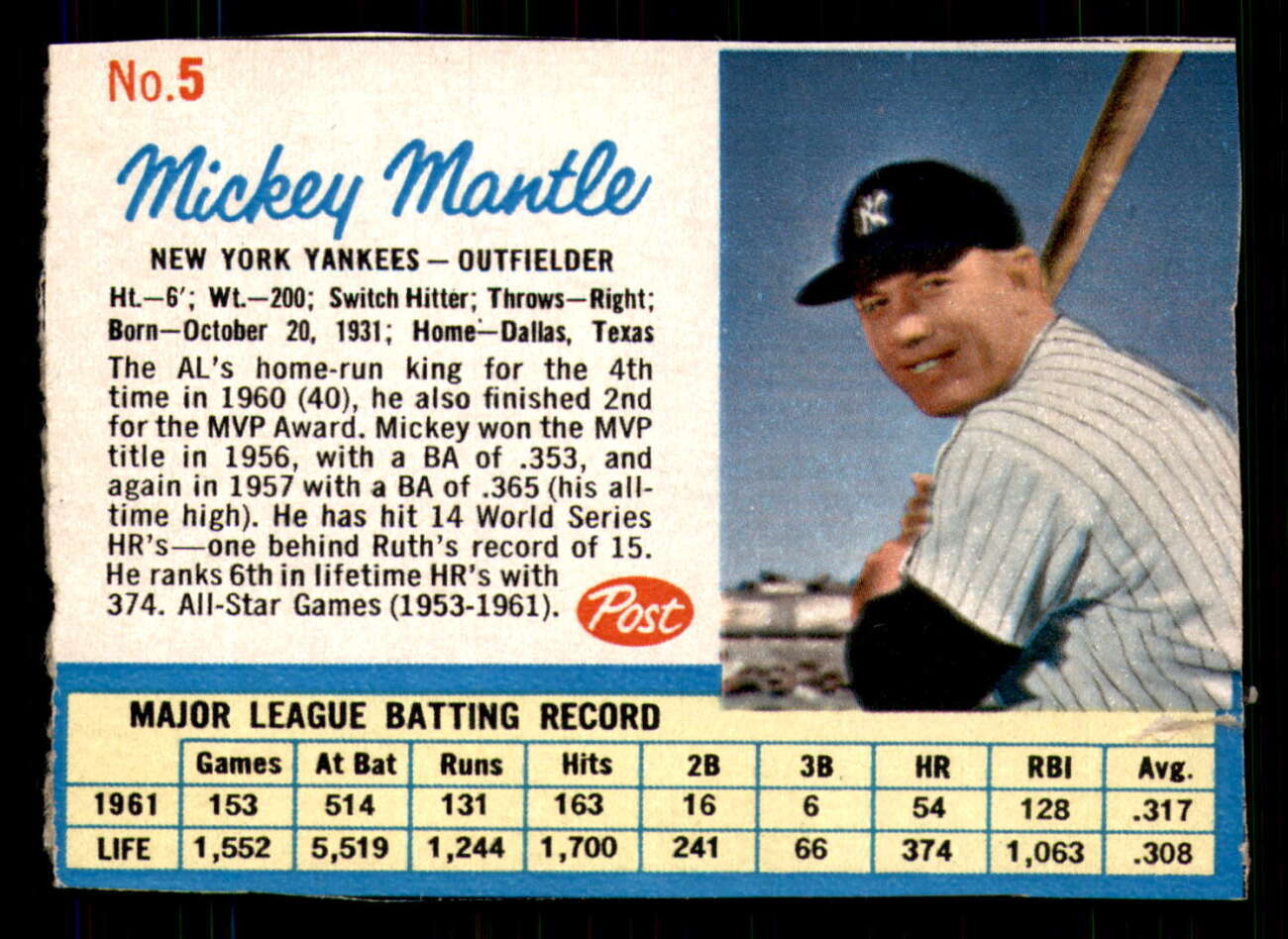 1962 Post Cereal #5 Mickey Mantle Very Good Yankees ID: 342501 | eBay