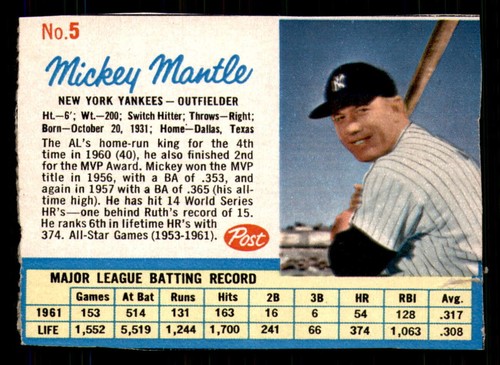 1962 Post Cereal #5 Mickey Mantle Very Good Yankees ID: 342501 | eBay