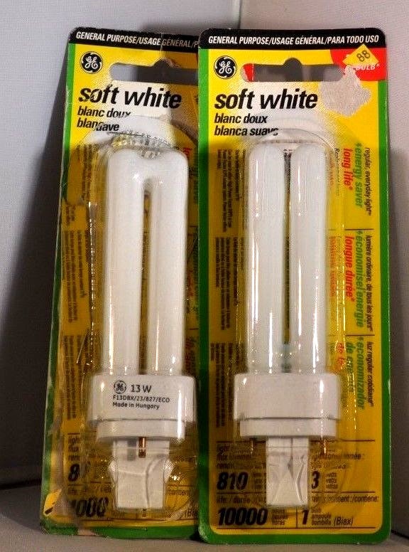LOT OF 2 GE 13 WATT SOFT WHITE BIAX CFL BULB PLG41B13PG TME#4254 13850 ...