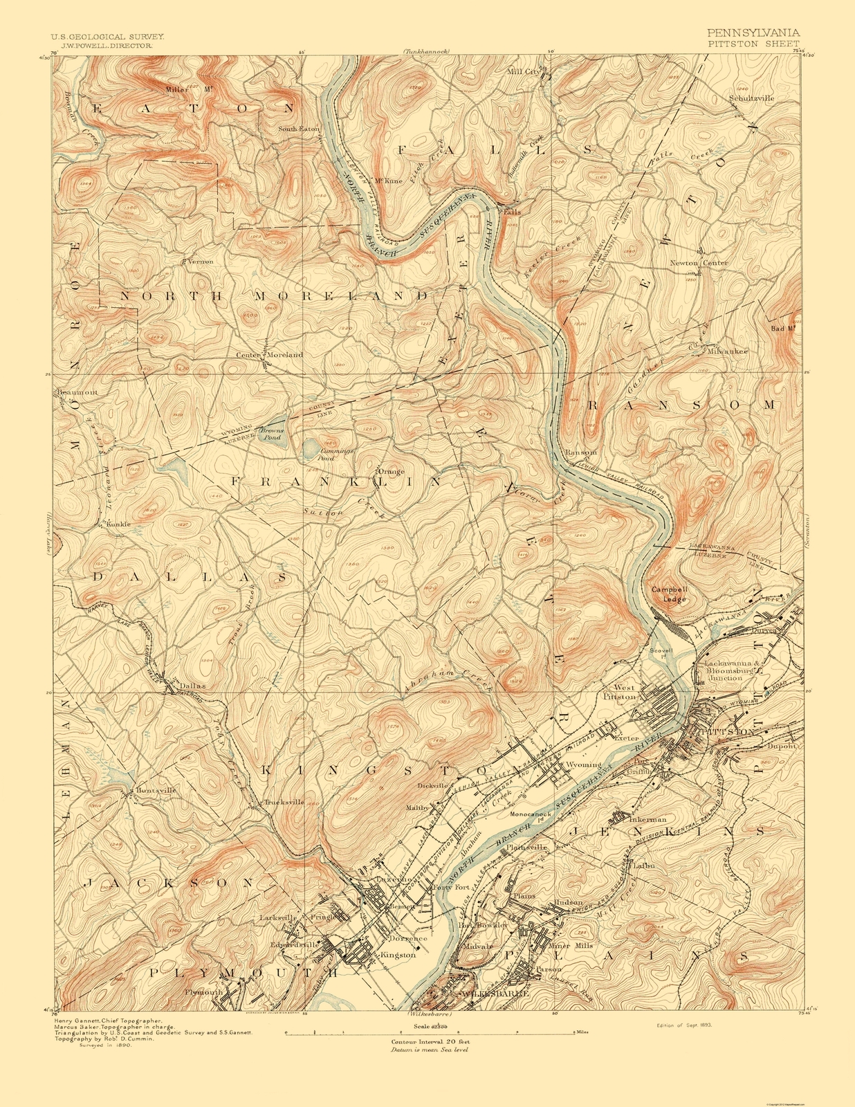 Topographical Map - Pittston Pennsylvania Sheet - USGS 1893 - 23 x 29. ...