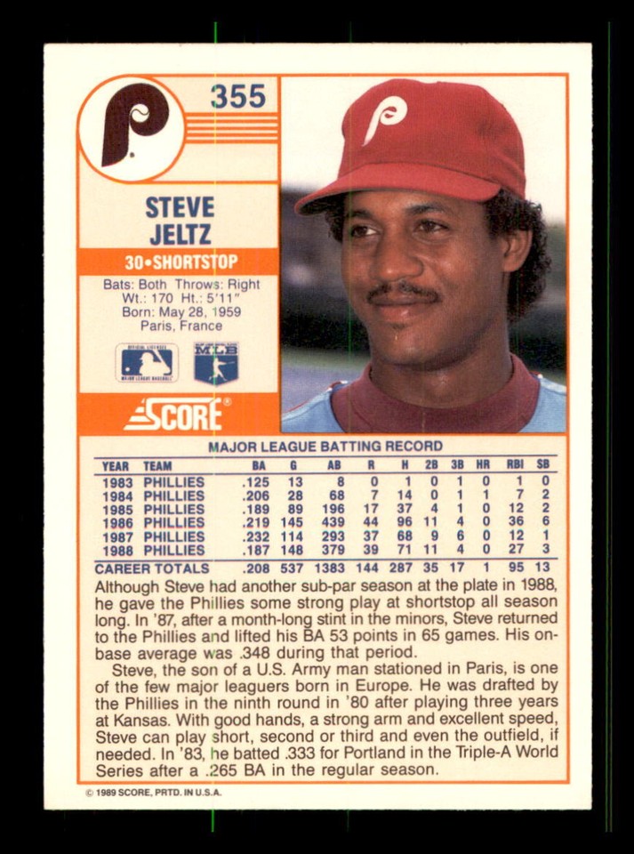 1989 Baseball 1989 Score Steve Jeltz Philadelphia Phillies #355 1 | eBay