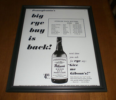 STEELERS & GIBSONS RYE WHISKEY FRAMED 1952 AD PRINT | eBay