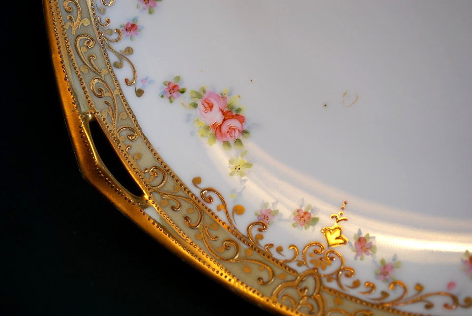 Antique HAND PAINTED NIPPON M Gold Moriage 11" CAKE PLATE W HANDLES ...