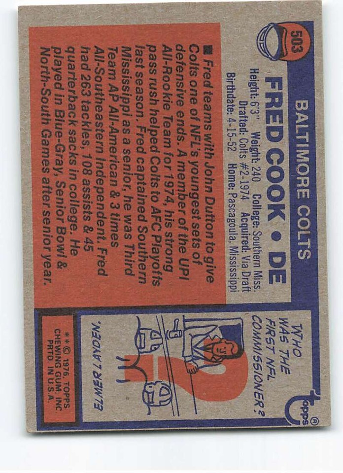 1976 Topps #503 Fred Cook EX Excellent Colts 116176 | eBay