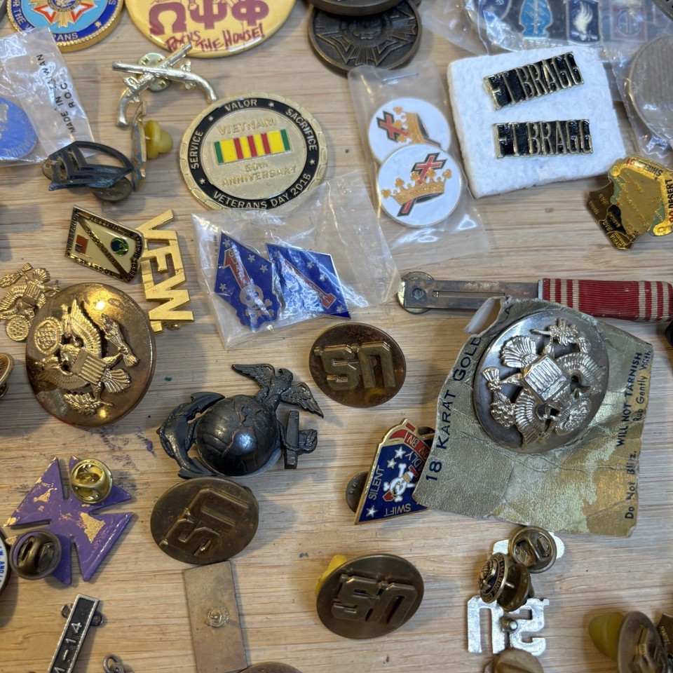 Vintage Military Junk Drawer Lot - Pins, Patches, Challenge Coin Semper ...