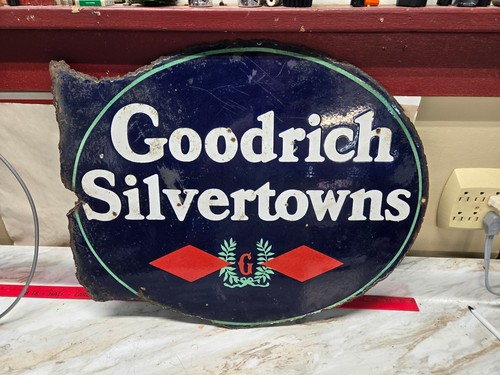 Vtg Double sided Porcelain Goodrich Silvertowns tire advertising flange ...