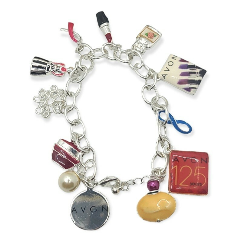 AVON CHARM Bracelet 125th Anniversary 12 Charms Perfume Lipstick Logo ...