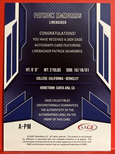 Patrick McMorris 2024 Sage Autograph Red Card #A-PM Miami Dolphins | eBay