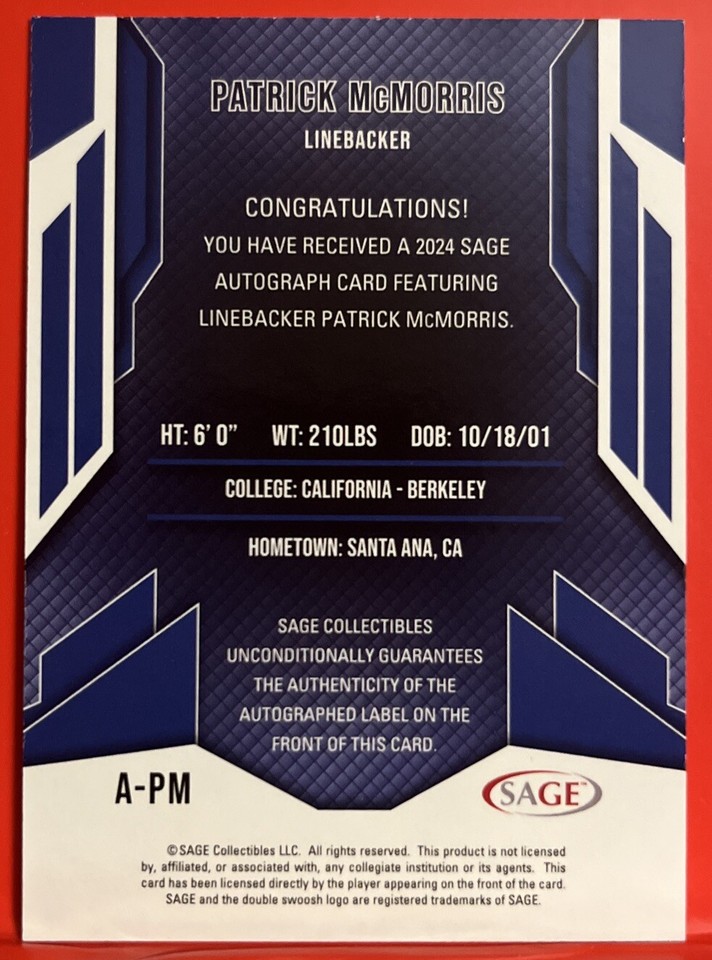 Patrick McMorris 2024 Sage Autograph Red Card #A-PM Miami Dolphins | eBay