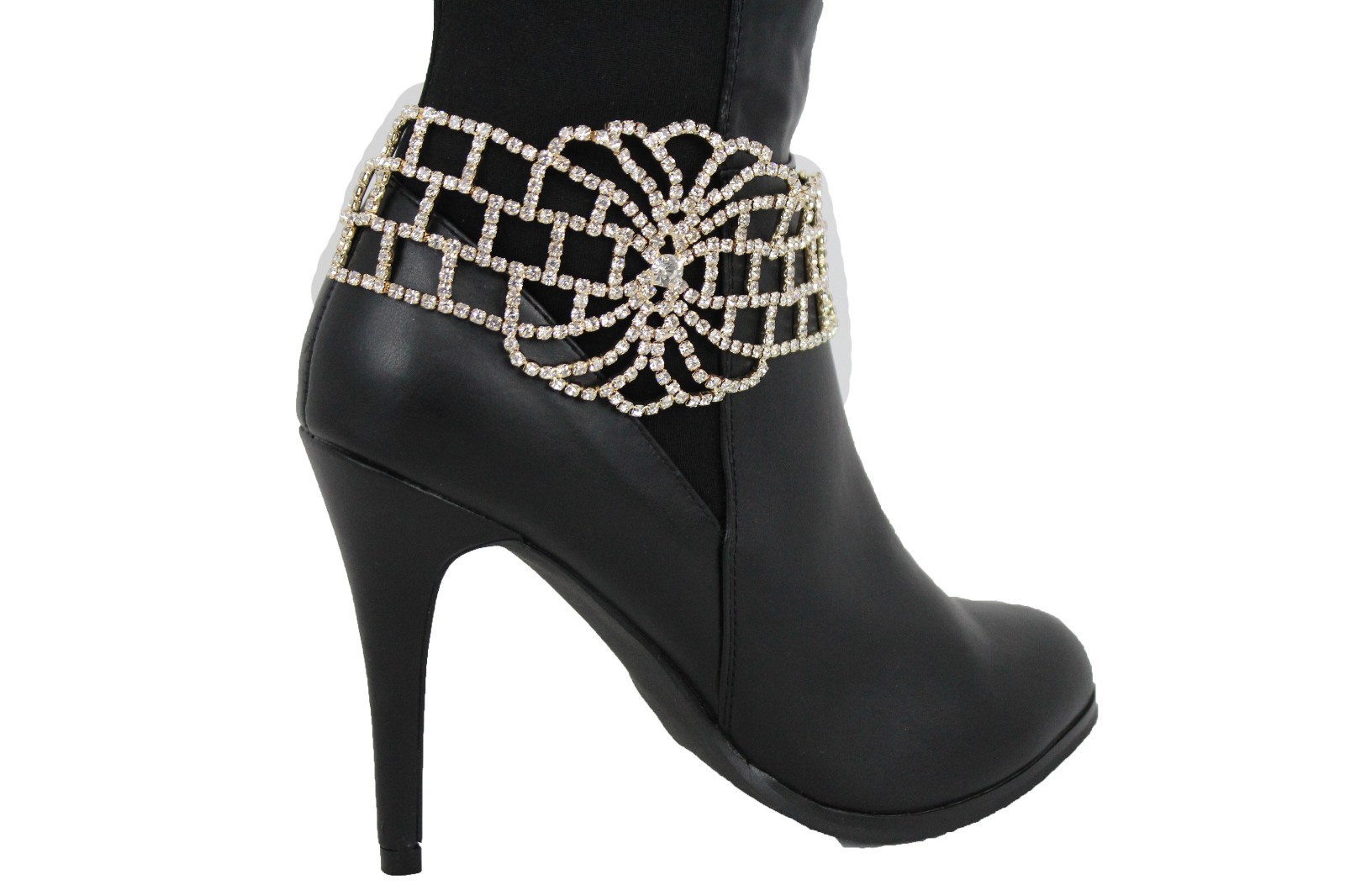 Women Fashion Gold Metal Chain Boot Bracelet Shoe Bling Floral Wide ...