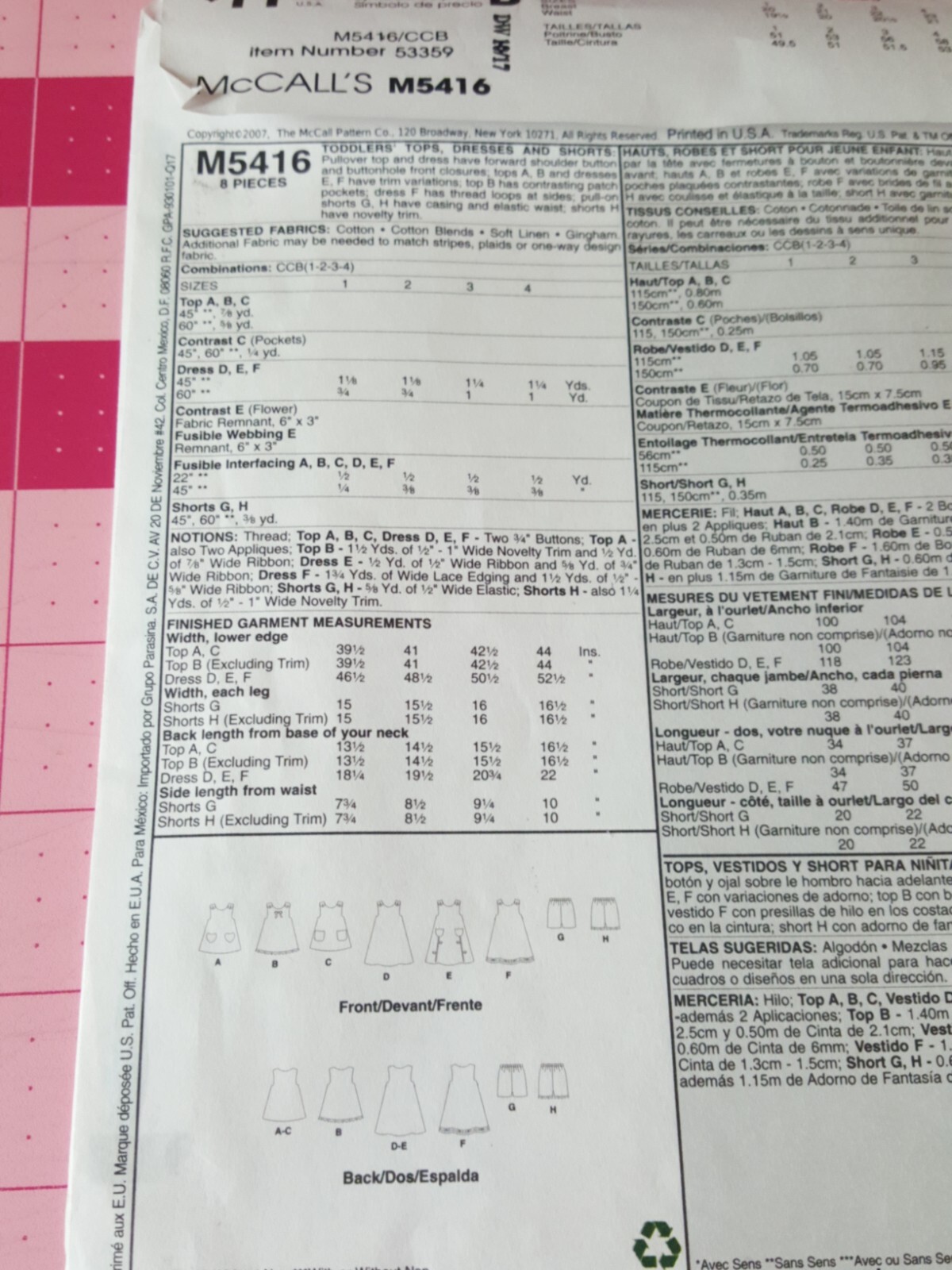 McCalss Pattern M5416 Toddlers Tops Jumper Dresses Shorts Size 1 2 3 4 ...