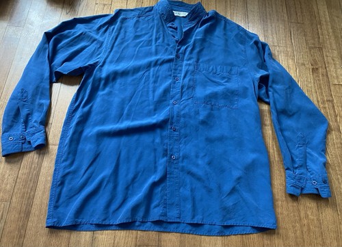 VTG EUC Genelli 100% Silk Shirt Mens XL Blue Band Collar Button Long ...