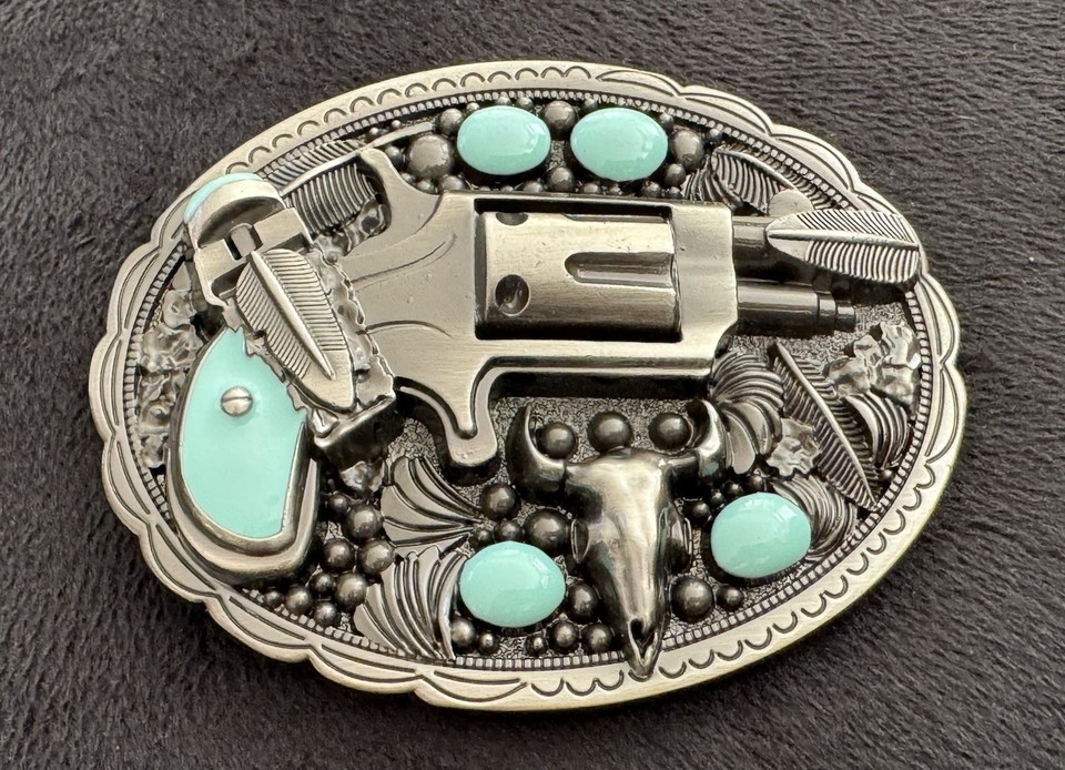 Vintage NOS Revolver Feathers Steer Skull Faux Turquoise Western Belt ...