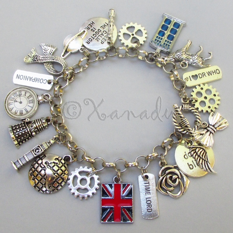 Doctor Who Charm Bracelet With Tardis Dalek Union Jack Sonic ...