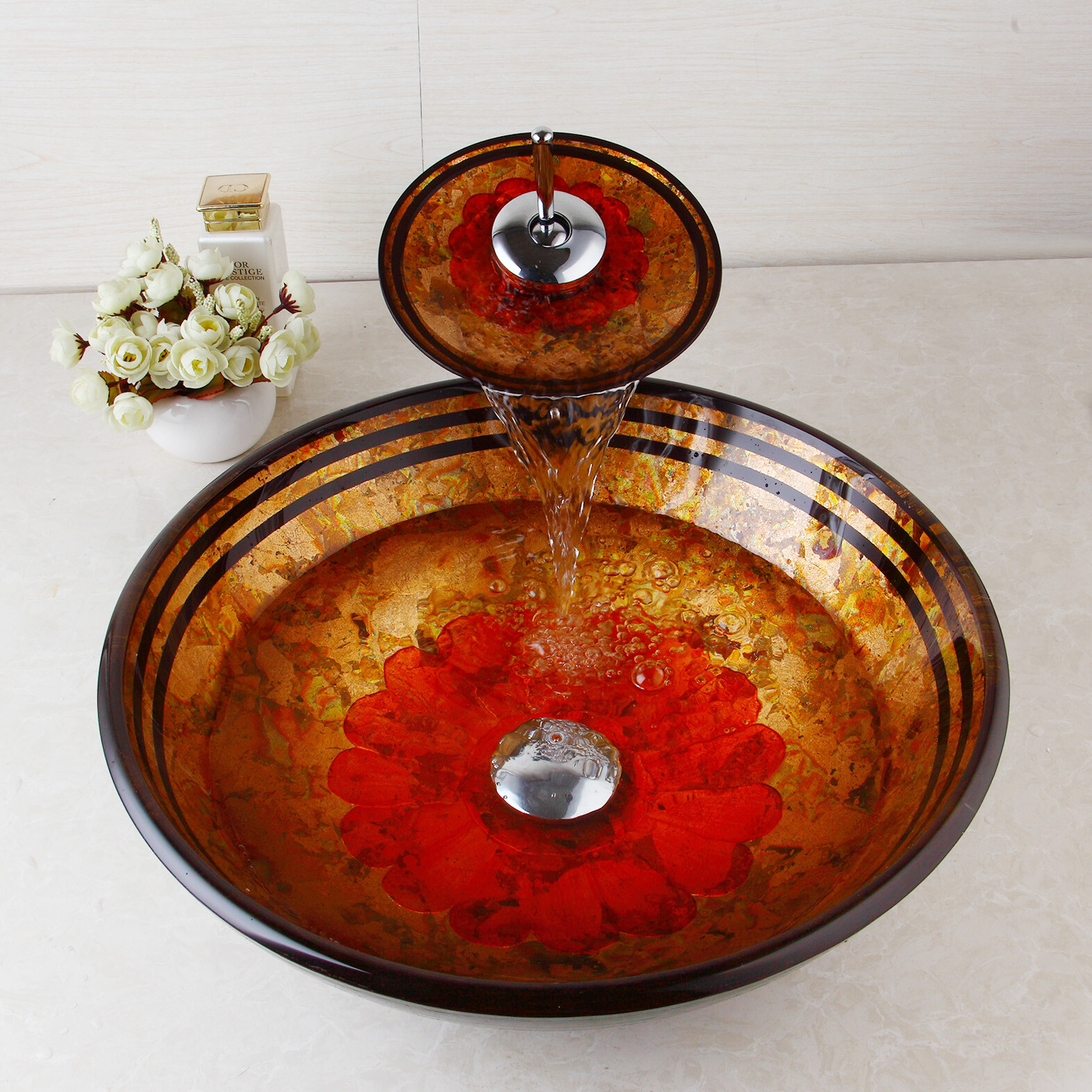 Bathroom Hand Painting Wash Red Tempered Glass Basin Sink Tap Set W ...