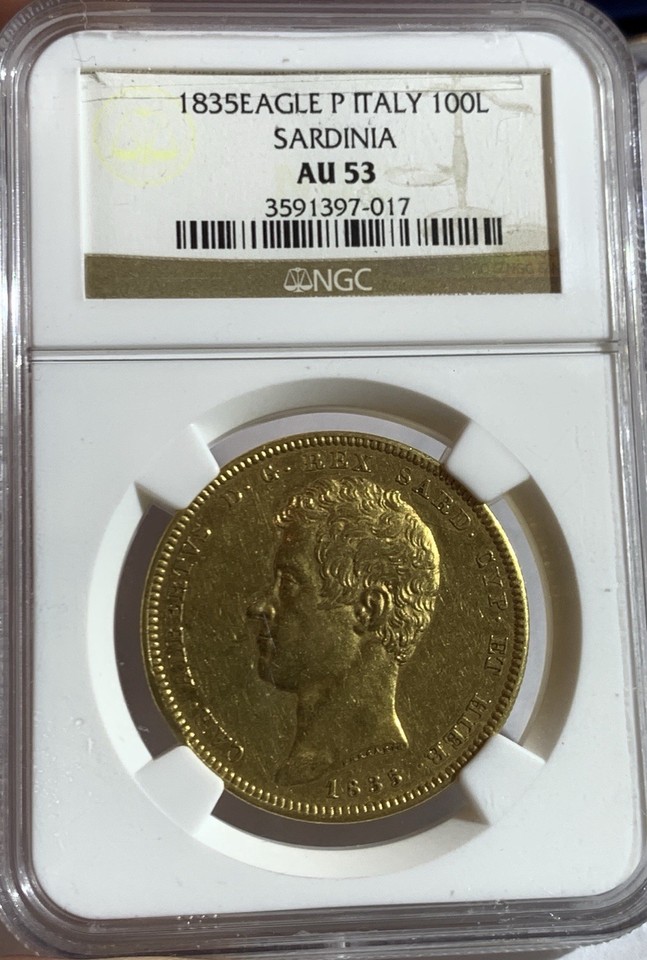 Italy Sardinia. Carlo Alberto gold 100 Lire 1835 (Eagle)-P AU53 NGC ...