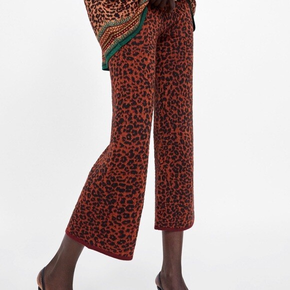 Zara Knit Metallic Leopard Print High Rise Waist Crop Pants Trousers M ...