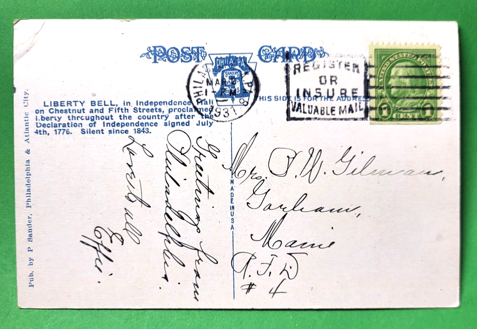 Old Liberty Bell Philadelphia PA Independence Hall Postcard Posted 1931 ...