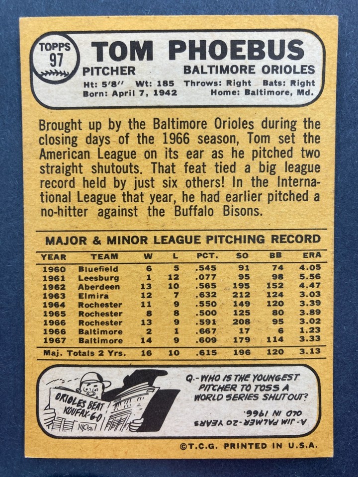 1968 Topps #97 Tom Phoebus (Baltimore Orioles) | eBay