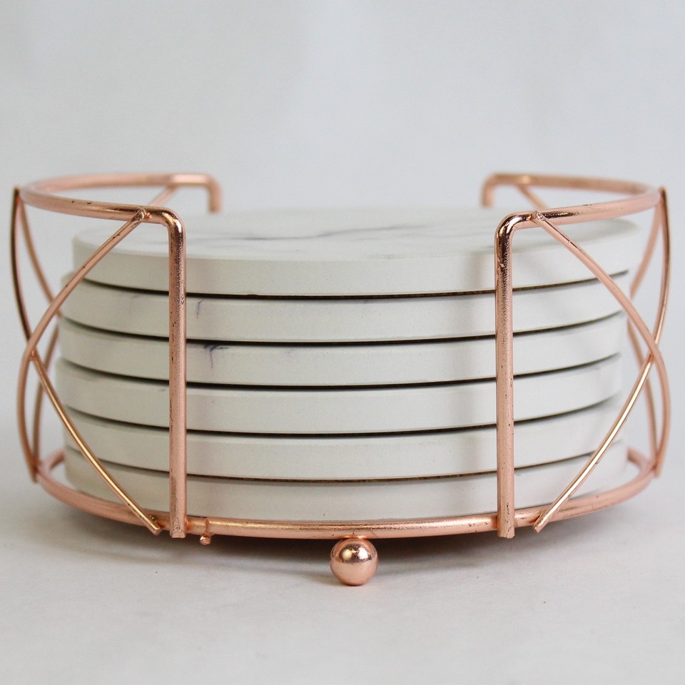 Blyss Decor Set of 6 Stone Absorbent Coasters with Rose Gold Stand ...