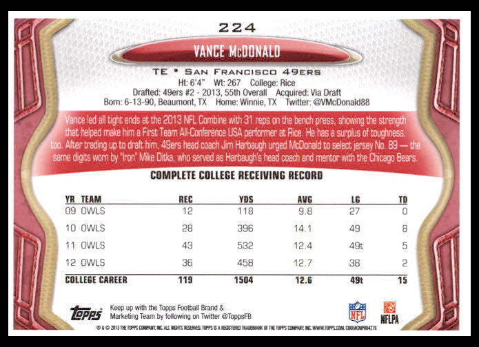 2013 Topps #224 Vance McDonald San Francisco 49ers | eBay