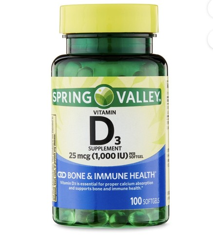 Spring Valley Vitamin D3 Dietary Supplement Softgels 1000 IU 25 Mcg 100 ...