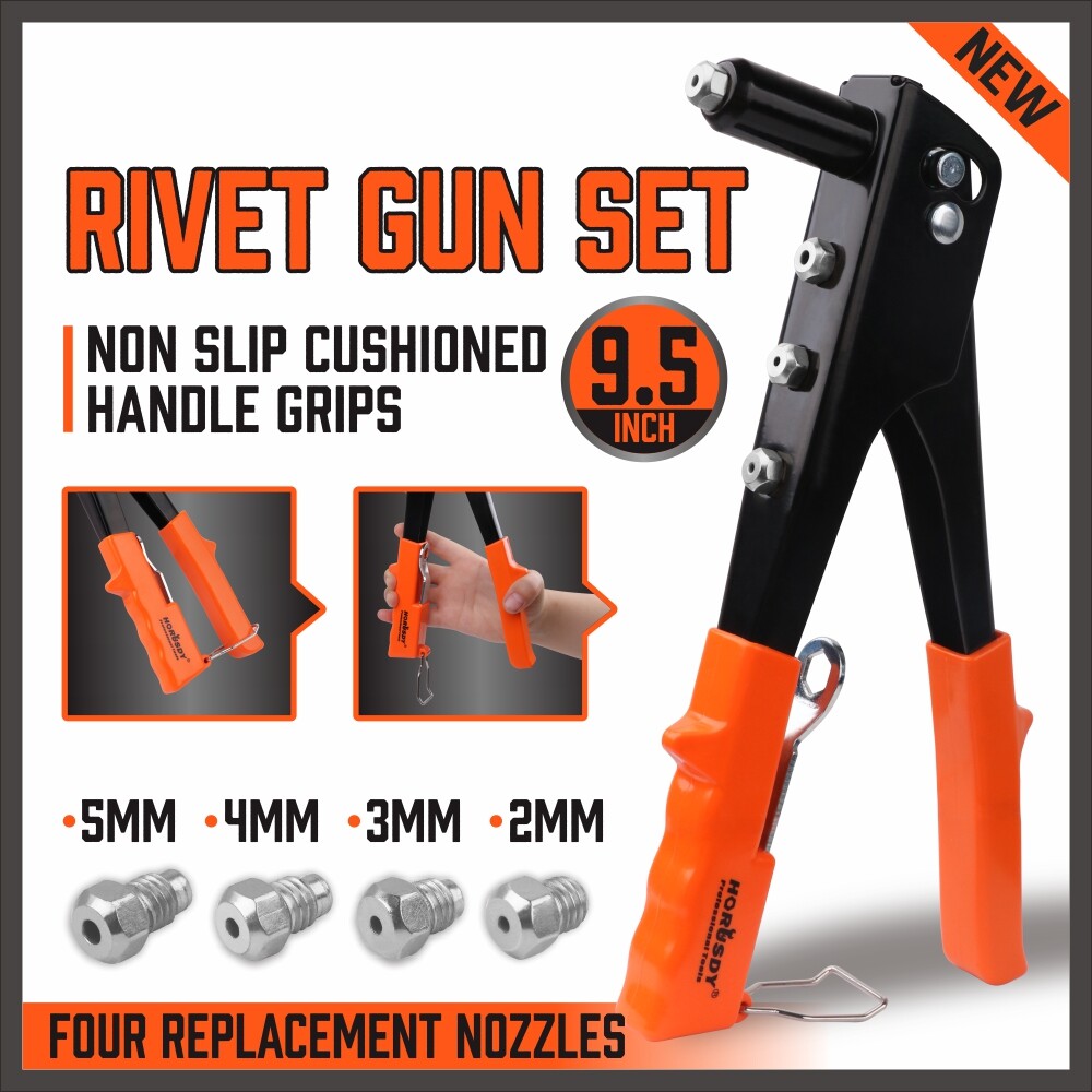 Pop Rivet Gun Set Manual Riveter Hand Riveting Gun Tool 4 Rivet Heads ...