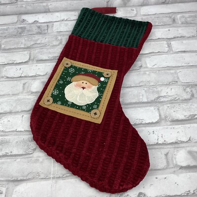 Santa Face Christmas Stocking Applique Buttons Red Green Velvet 18 ...