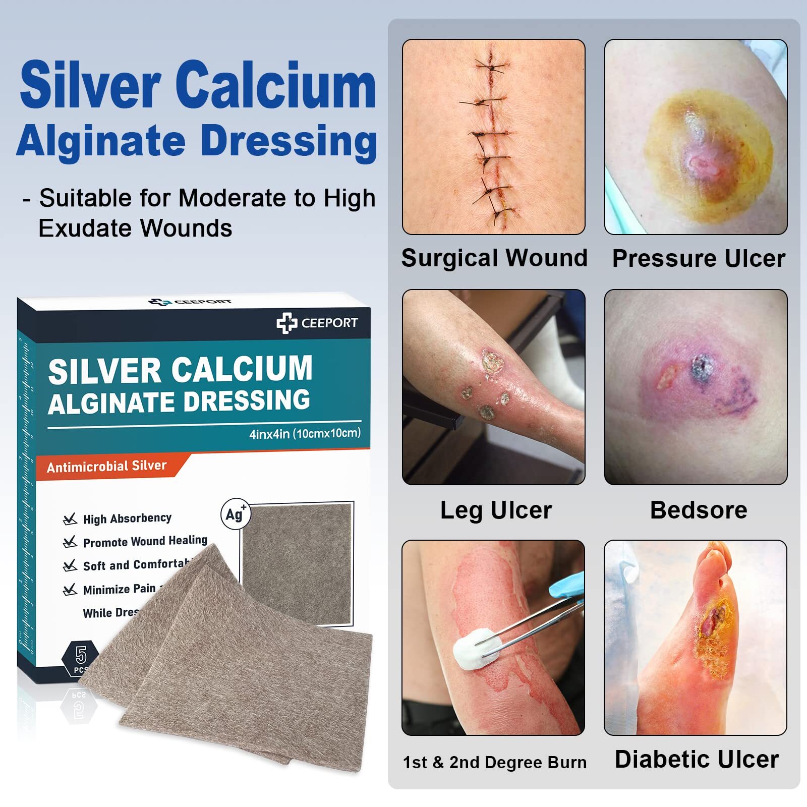Ceeport Silver Calcium Alginate Wound Dressing 4 x 4 Patches Highly ...