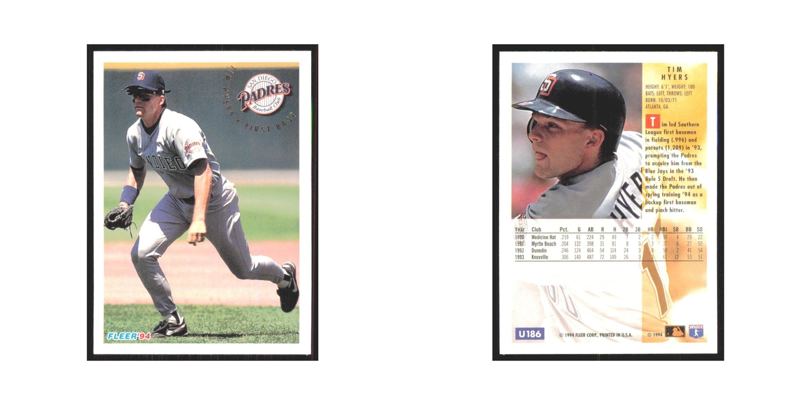 Tim Hyers Rookie 1994 Fleer Update #U186 San Diego Padres Baseball Card ...