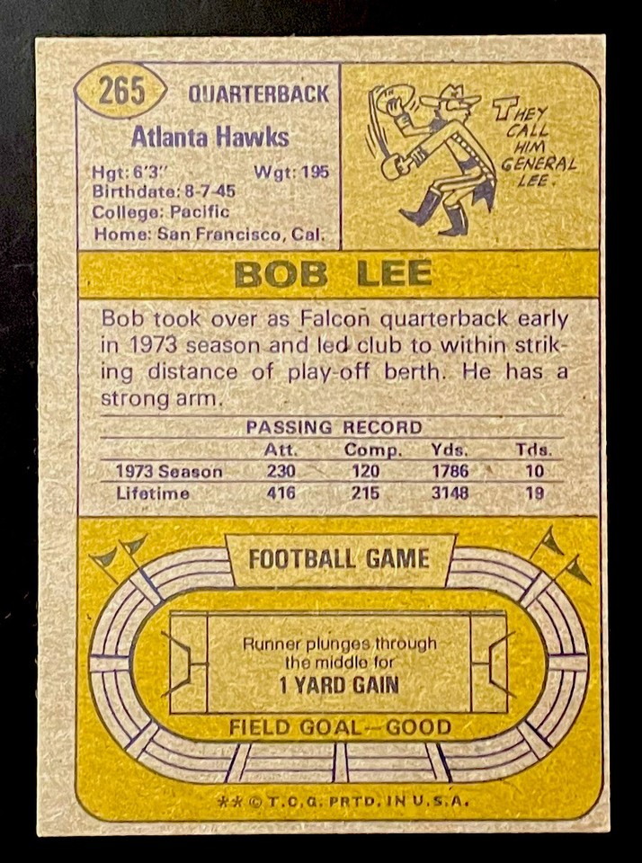 Bob Lee, QB, Atlanta Falcons 1974 Topps #265 Vintage Football Card | eBay