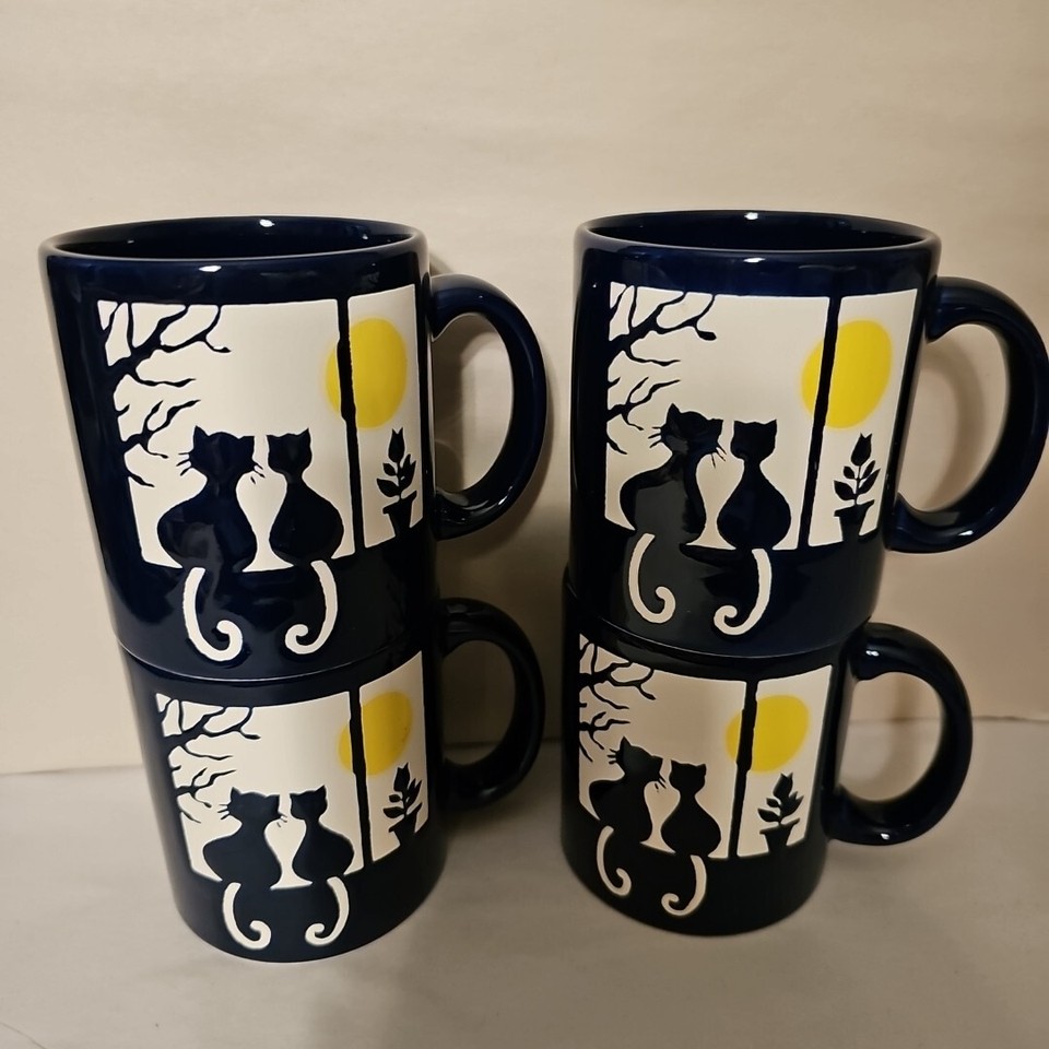 4 Vintage Waechtersbach Cobalt Blue Cats In Window Moon Mugs West ...