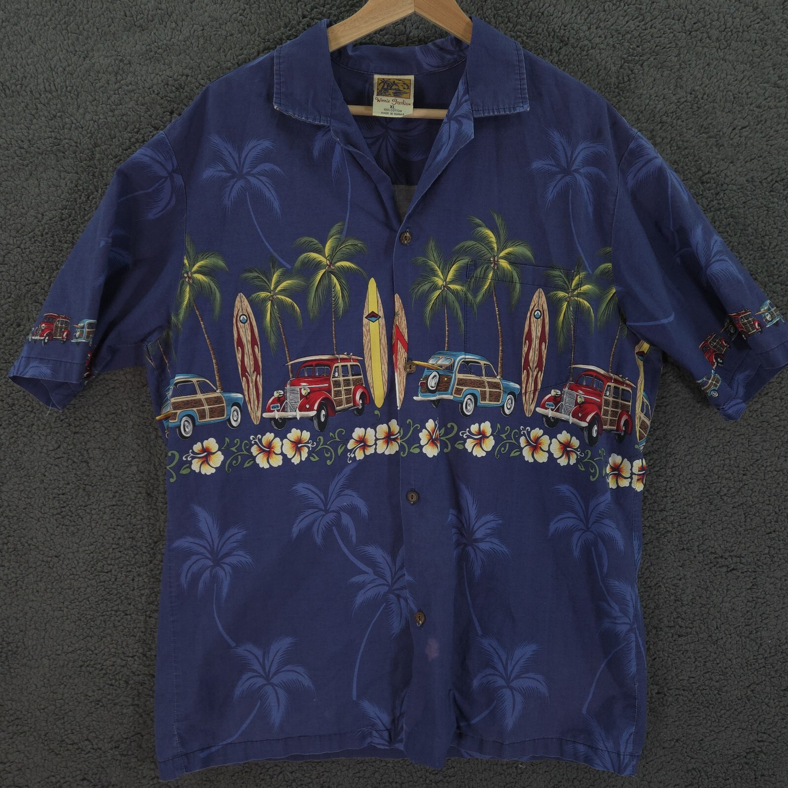 Winnie Fashion Blue Hawaiian Surfboards Button Up Shirt Sz XL Casual ...