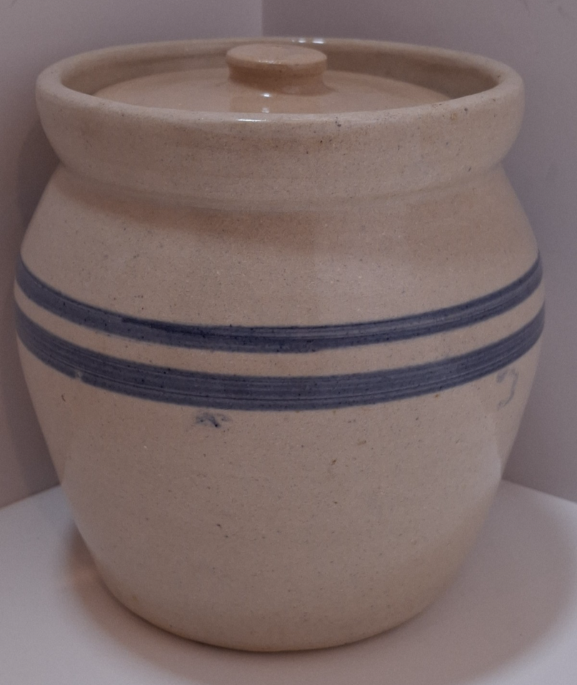 Vintage Crock Canister w/Lid Beige w/Cobalt Blue Stripes Farmhouse ...