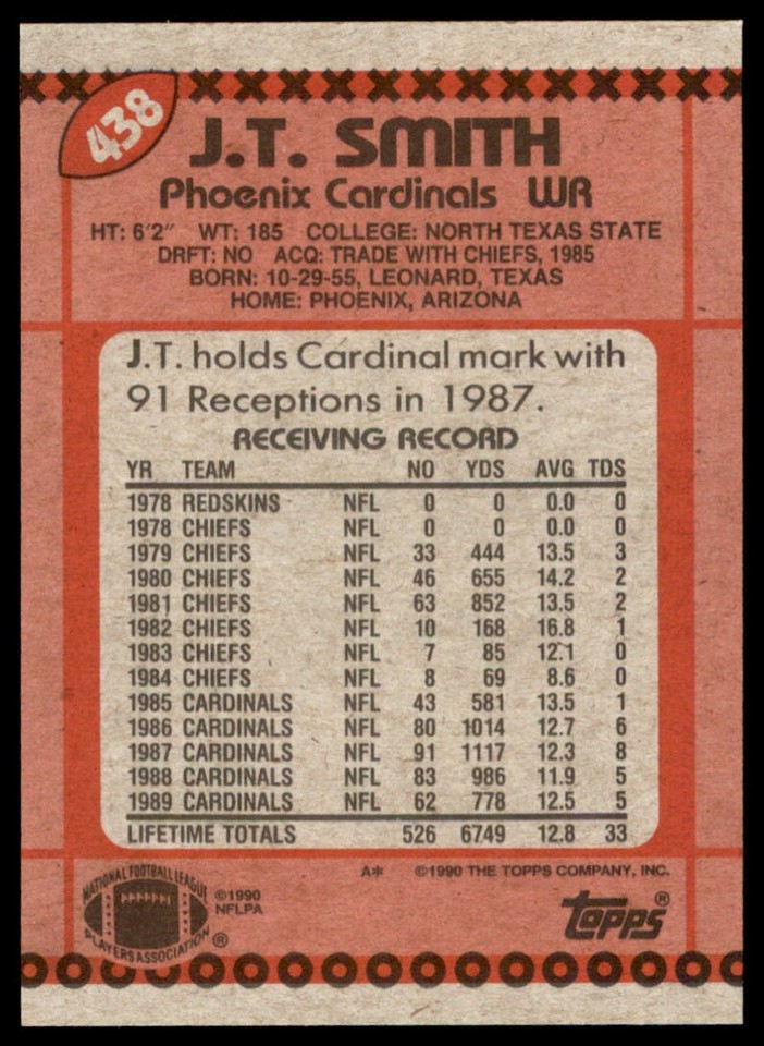 1990 Topps #438 J.T. Smith Phoenix Cardinals | eBay