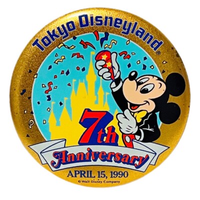 Tokyo Disneyland 7th Anniversary Button 1990 3.5” Metal Round Mickey ...