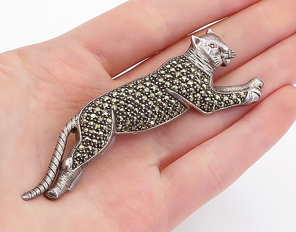 JUDITH JACK 925 Silver - Vintage Marcasite Decorated Jaguar Brooch Pin ...