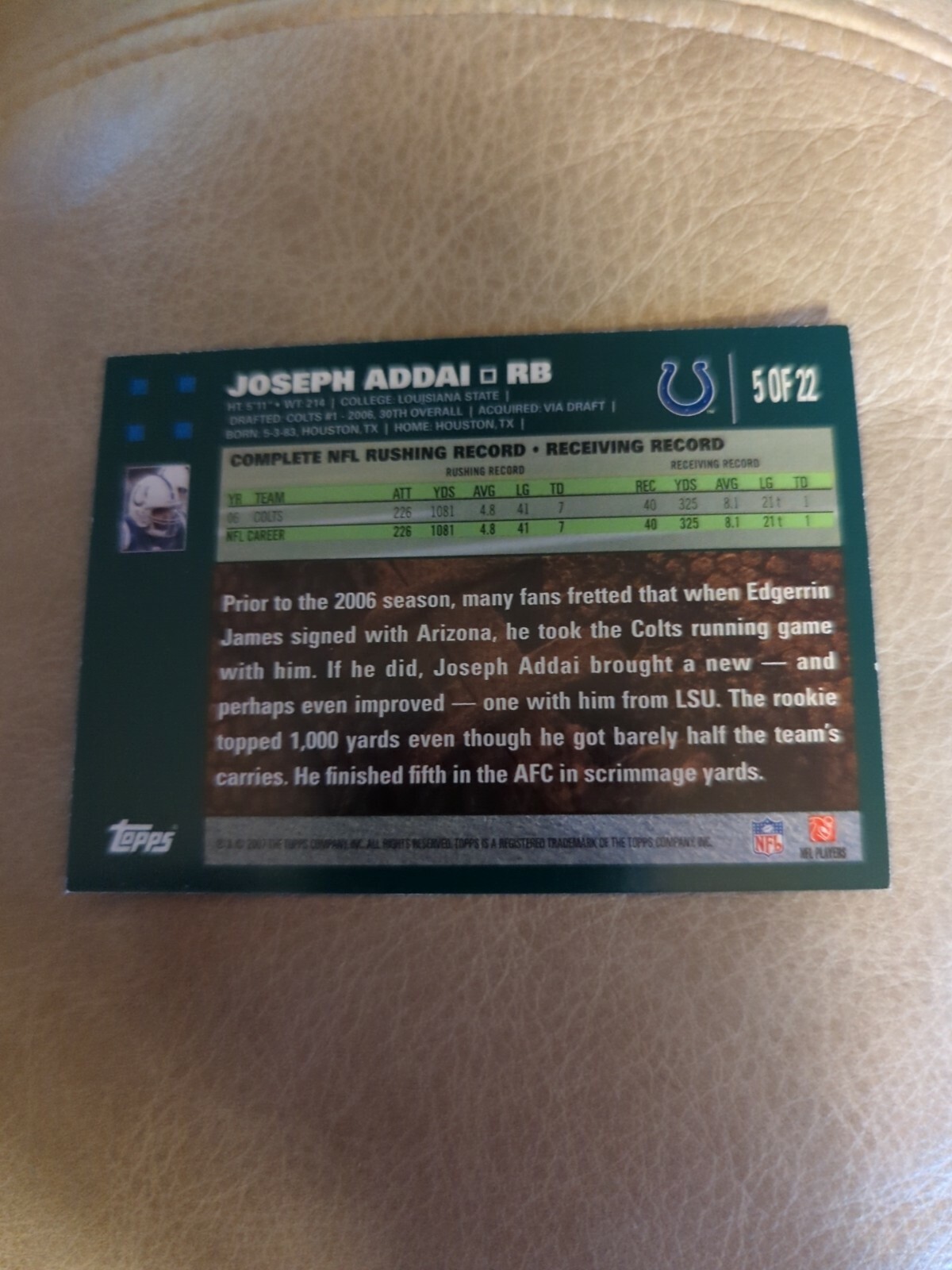 COLTS JOSEPH ADDAI 2007 TOPPS TURN BACK THE CLOCK #5 OF 22 INSERT | eBay.de