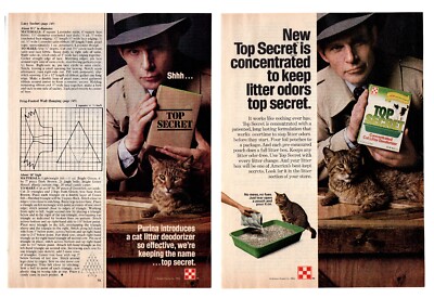 vintage 2 Page 1980s magazine print ad PURINA Top Secret Kitty Litter ...