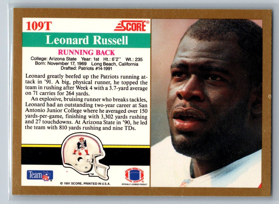 1991 Score Rookie & Traded Leonard Russell Rookie Patriots RC #109T | eBay