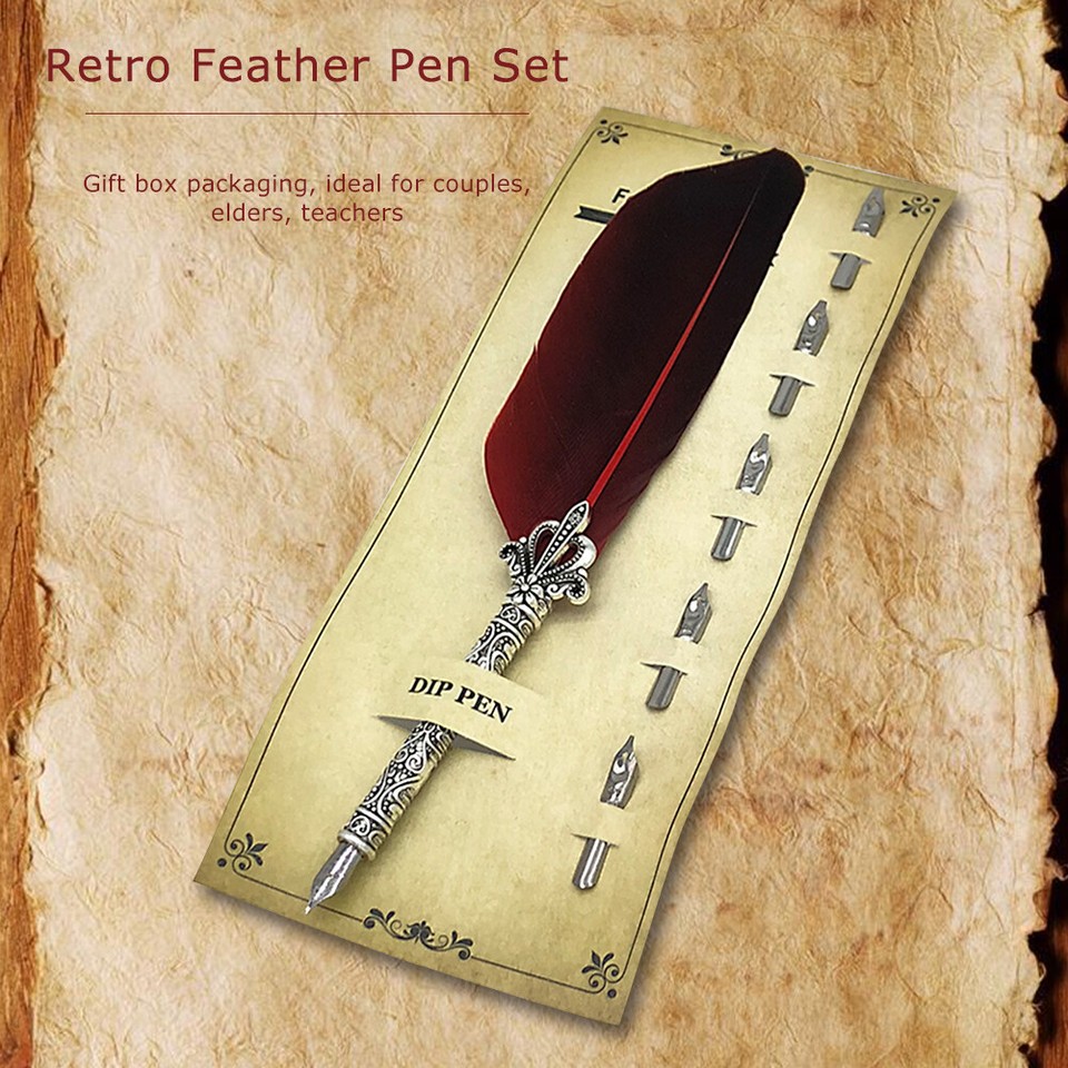 Calligraphy Feather Dip Pen with 5 Nib Writing Ink Quill Fountain Pen ...