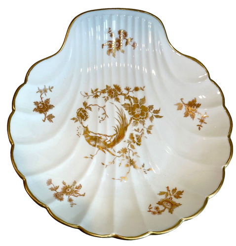 Vintage Limoges France Ribbed Shell Shaped Dish w/ Gold Trim 9.5 x 10 x ...