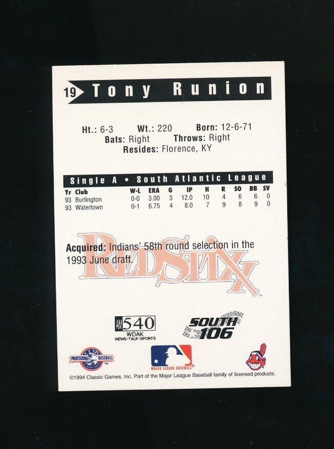 1994 Classic Columbus Redstixx tony Runion signed auto autograph very ...