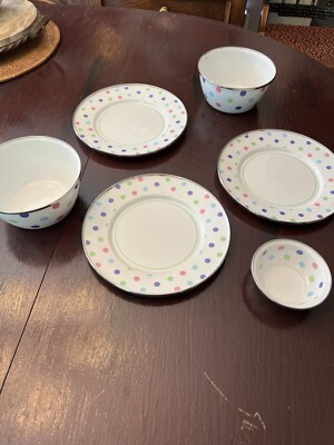 3 Golden Rabbit Enamelware Plates And 3 Bowls, All Dots | eBay