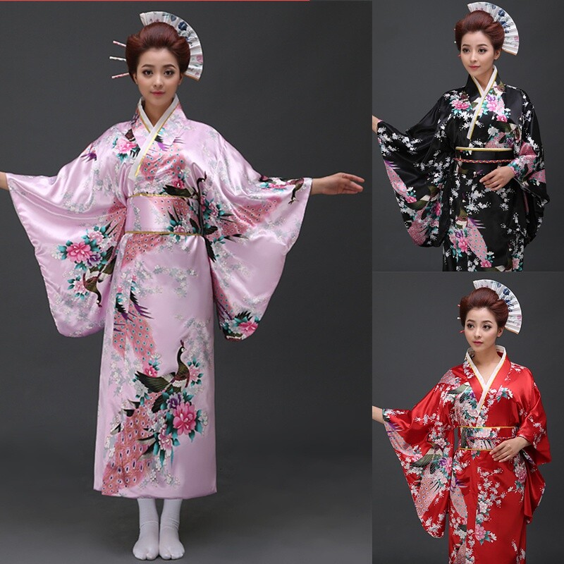 Women Floral Japanese Kimono Satin Robe Yukata Geisha Costume Show ...