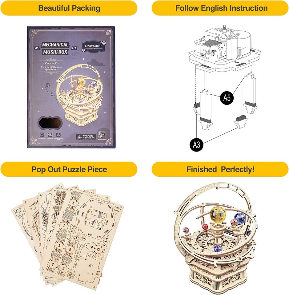 ROKR 3D Wooden Puzzle Mechanical Music Box LED Model Kit Decor Toy Xmas ...