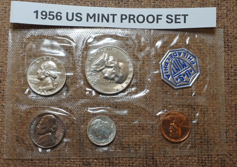1956 US PROOF MINT SET Franklin 1/2, Quarter & Dime 90% Silver Coins w ...
