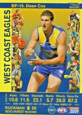 TEAMCOACH 2009 B&F GOLD CARD DEAN COX WEST COAST EAGLES | eBay Australia