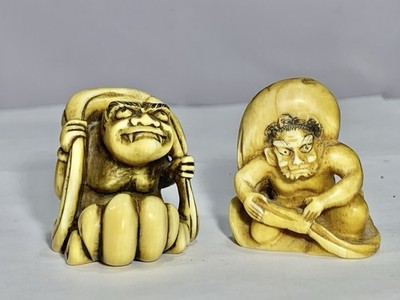 Two Japanese Edo Netsuke Figure Of Fujin And Oni Demon | eBay UK