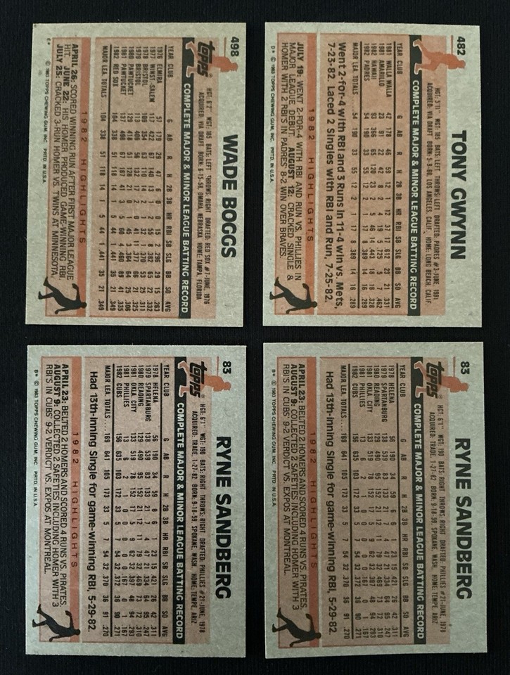 1983 Topps Baseball Wade Boggs, Tony Gwynn, Ryne Sandberg Rookie - 4 ...